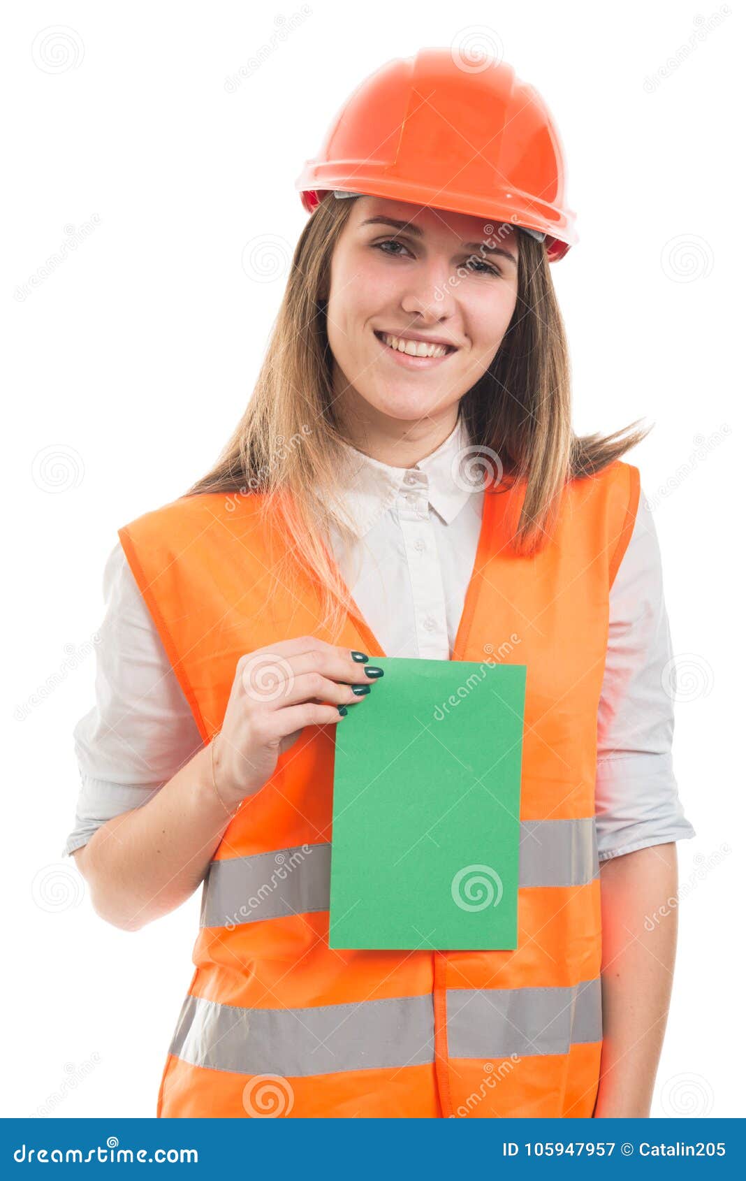 Happy Engineer Woman with Empty Paper Card Stock Image - Image of ...