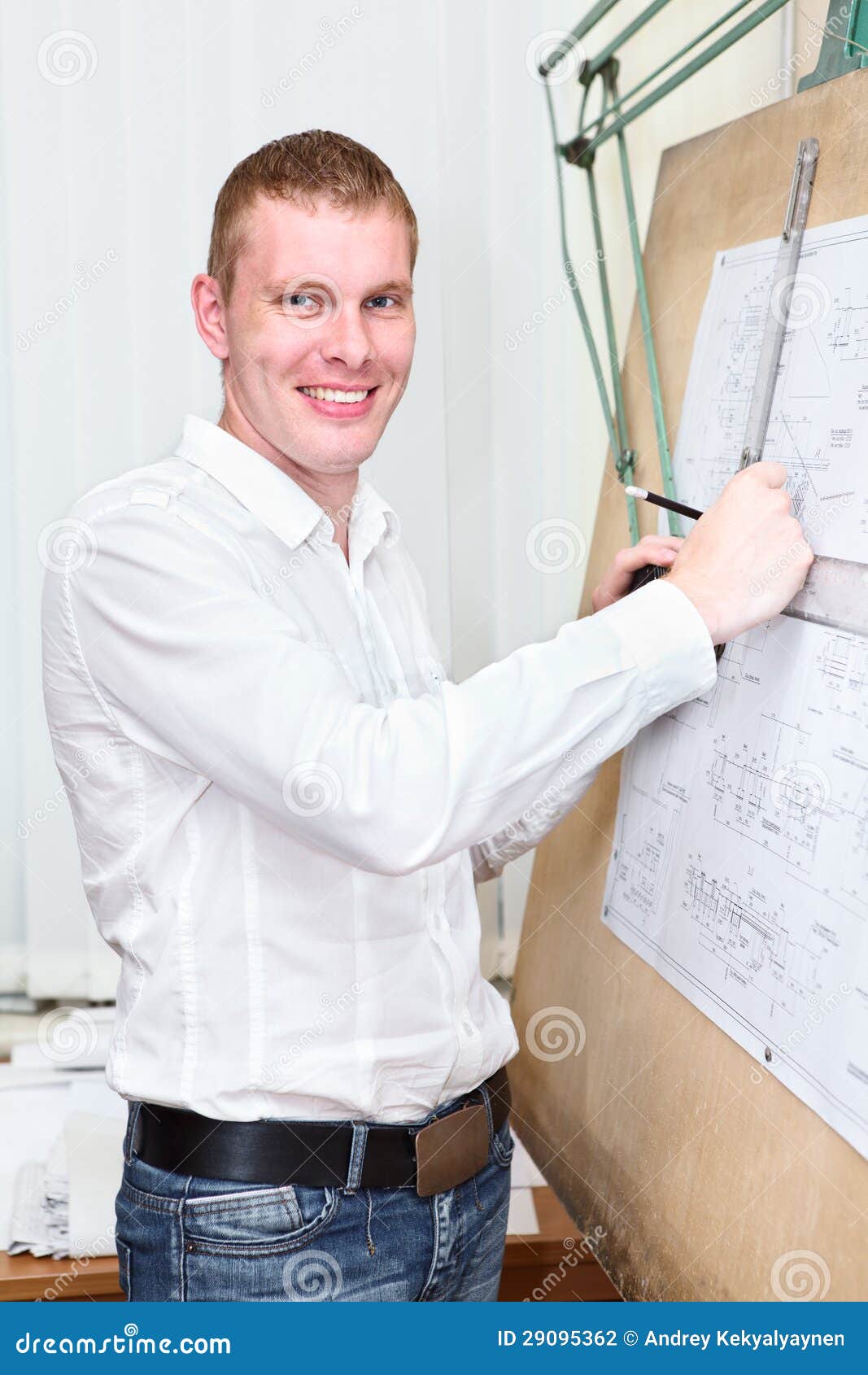 Happy Engineering Worker at Workplace Near Panel Board Stock Photo ...
