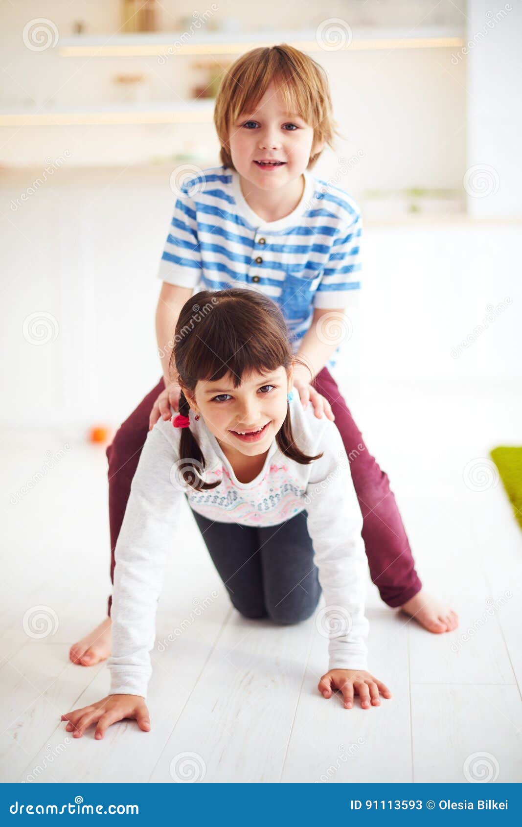 Happy Excited Kids Having Fun , Riding on the Back at Home Stock Image ...