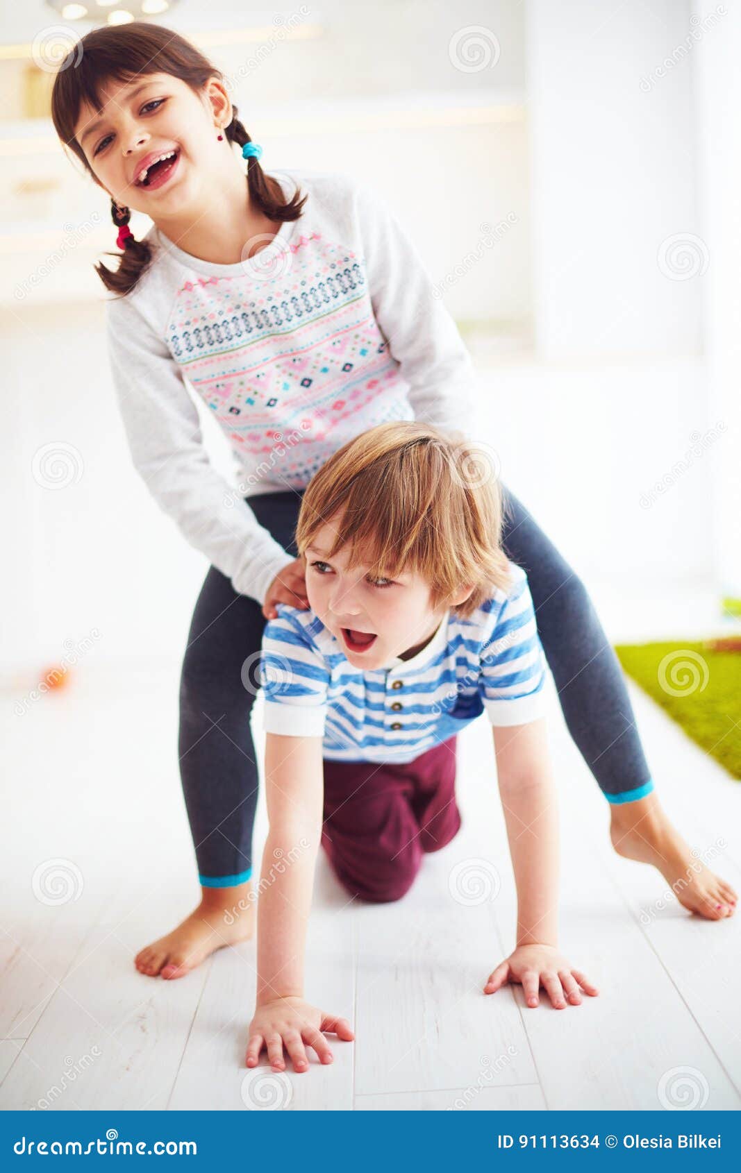 Happy Excited Kids Having Fun , Riding on the Back at Home Stock Photo ...