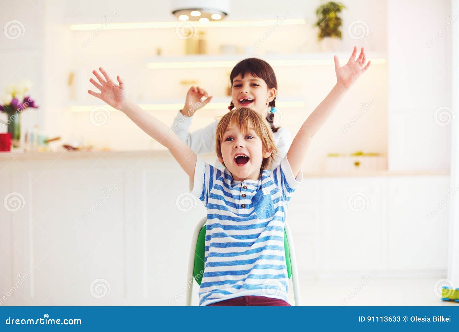 Happy Excited Kids Playing Together, Having Fun at Home Stock Image ...