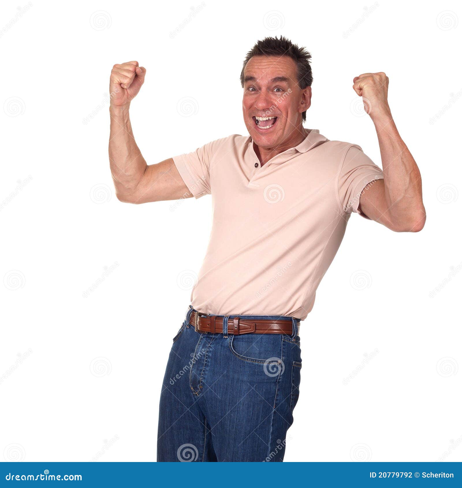 Happy Excited Man with Fists in Air Stock Photo - Image of jeans ...