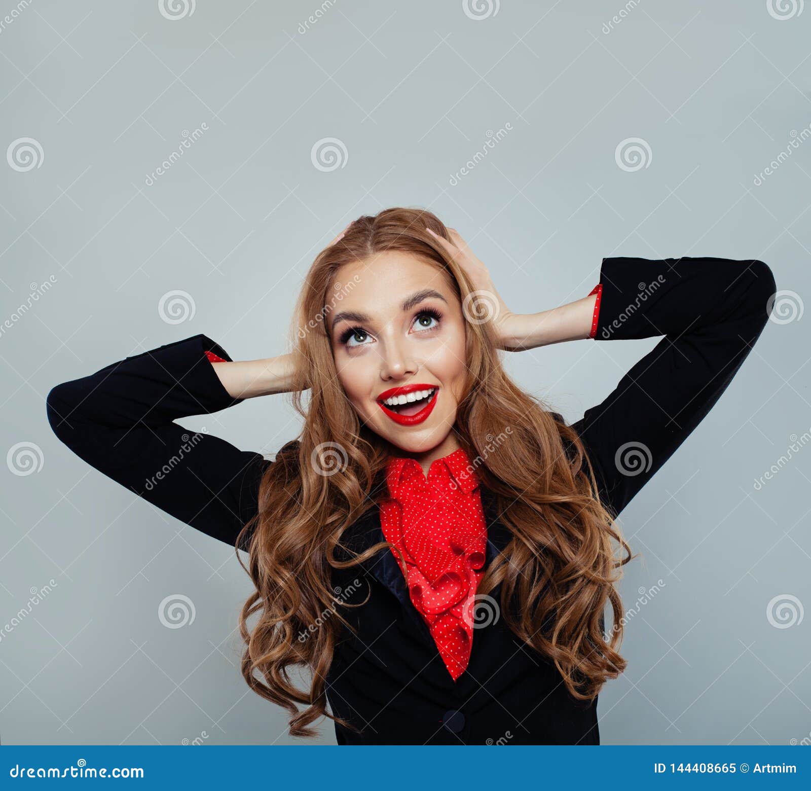Happy Excited Woman Model Looking Up on Background with Copy Space ...