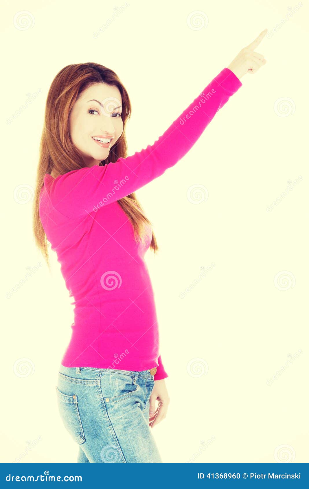 Happy , Excited Woman Pointing on Copy Space Stock Photo - Image of ...