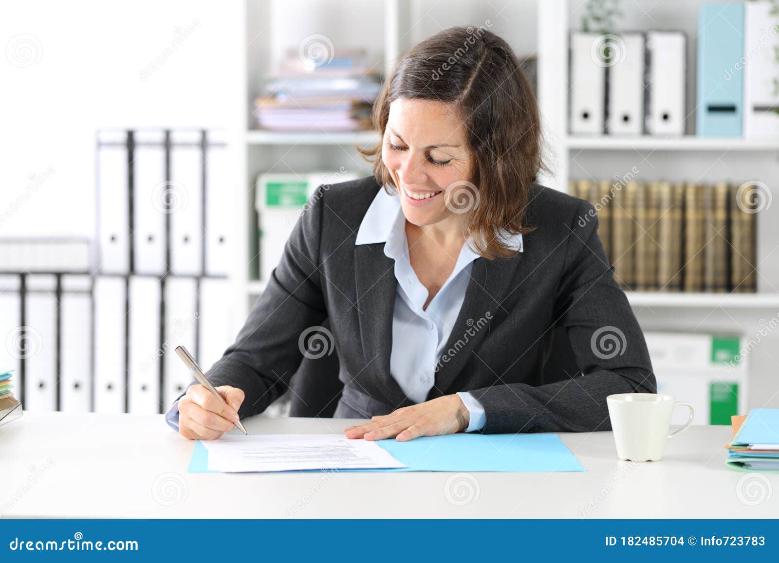 Happy Executive Lady Signing Contract at Office Stock Photo - Image of ...