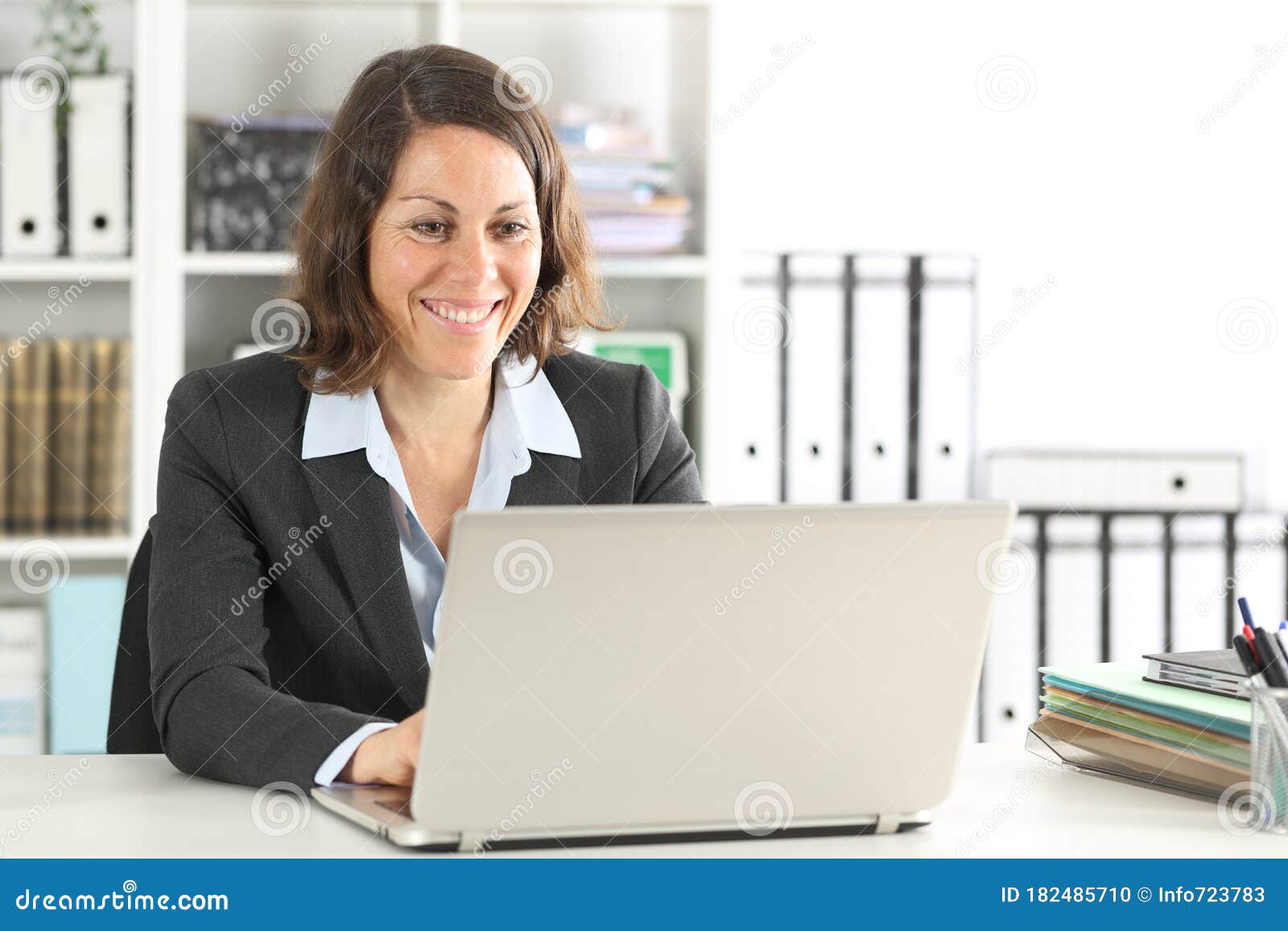Happy Executive Lady Working on Laptop at Office Stock Photo - Image of ...