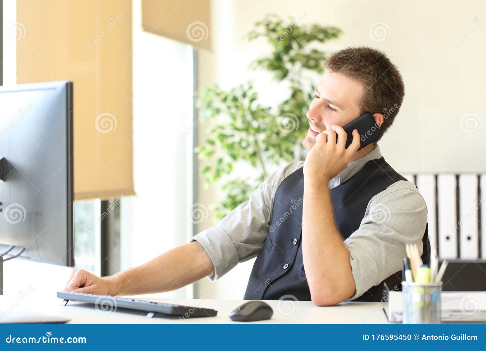Happy Executive is Talking on Phone at Office Stock Photo - Image of ...