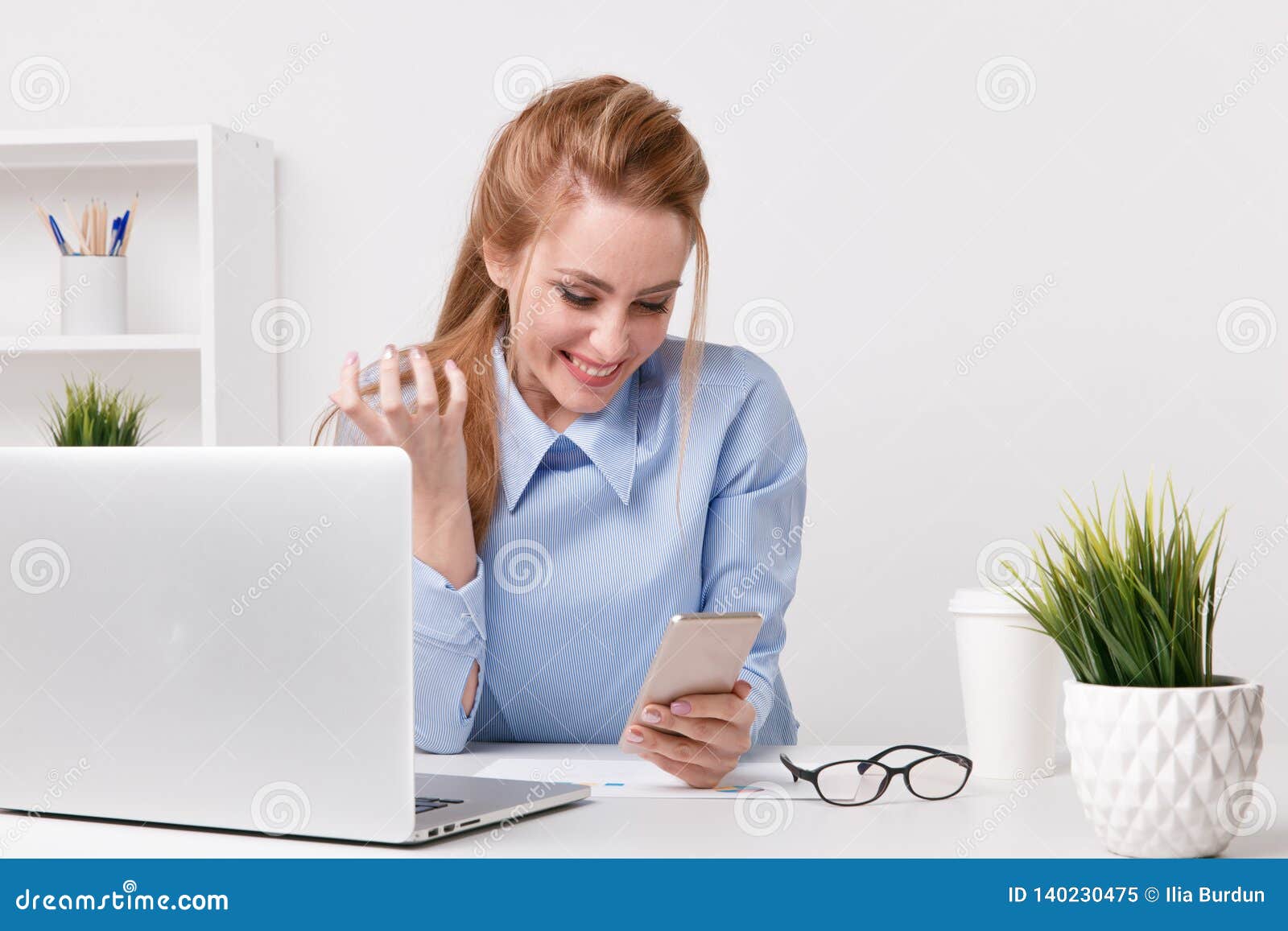 Happy Exited Pretty Woman Working at Office. Stock Image - Image of ...