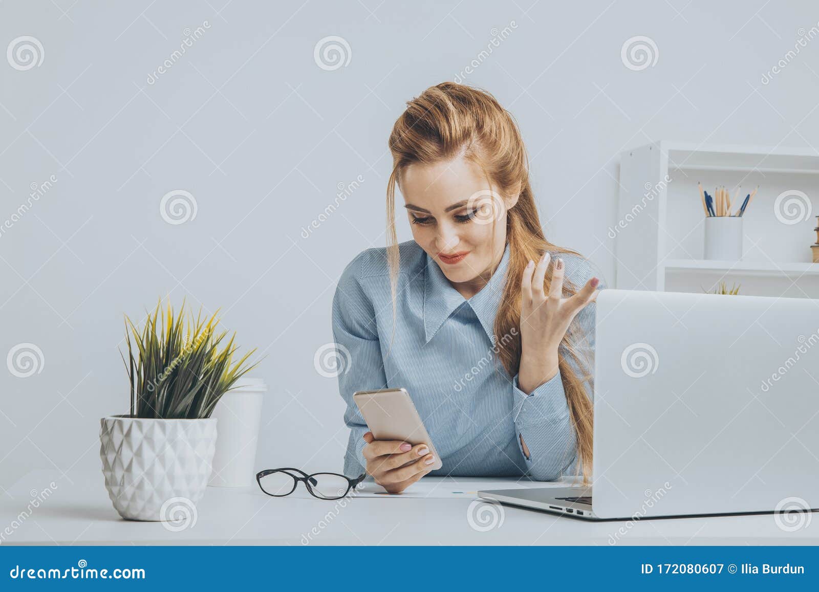 Happy Exited Pretty Woman Working at Office. Stock Image - Image of ...