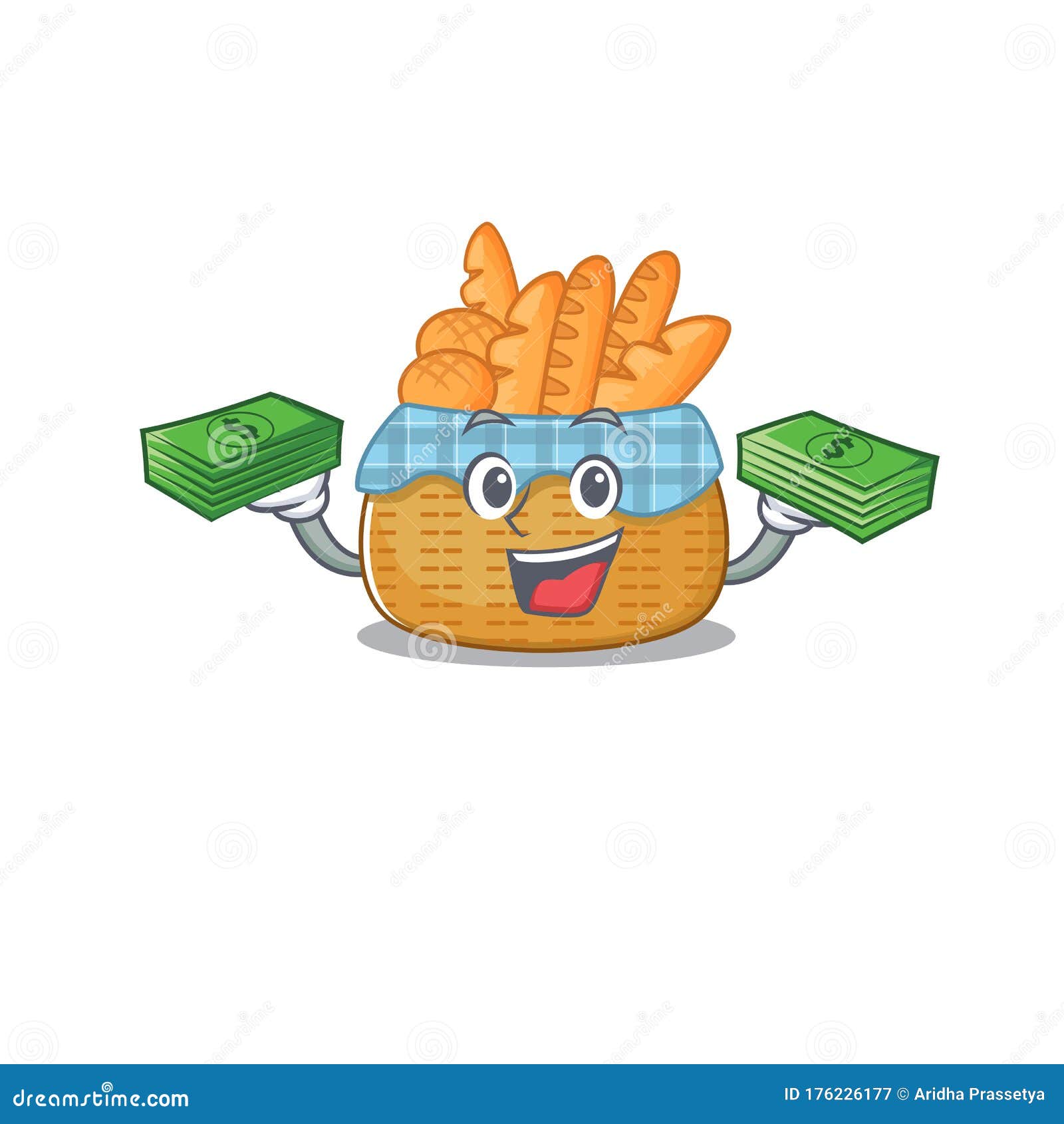 Happy Face Bread Basket Character Having Money on Hands Stock Vector ...