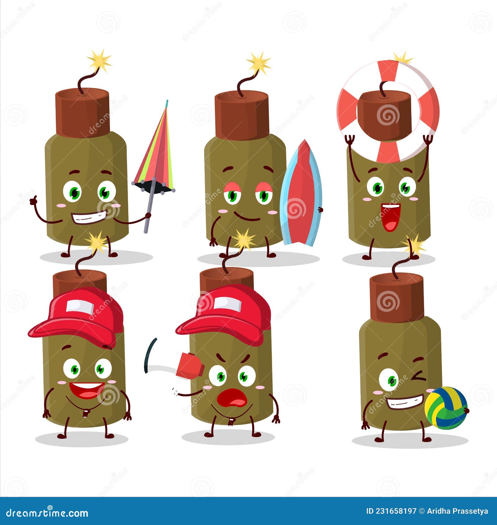 Happy Face Firecracker Explosive Cartoon Character Playing on a Beach ...