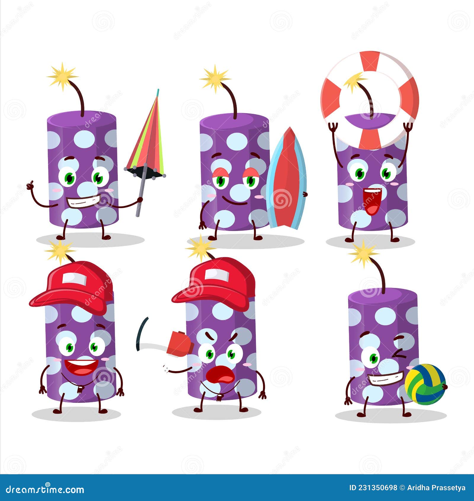 Happy Face Purple Firecracker Cartoon Character Playing on a Beach ...