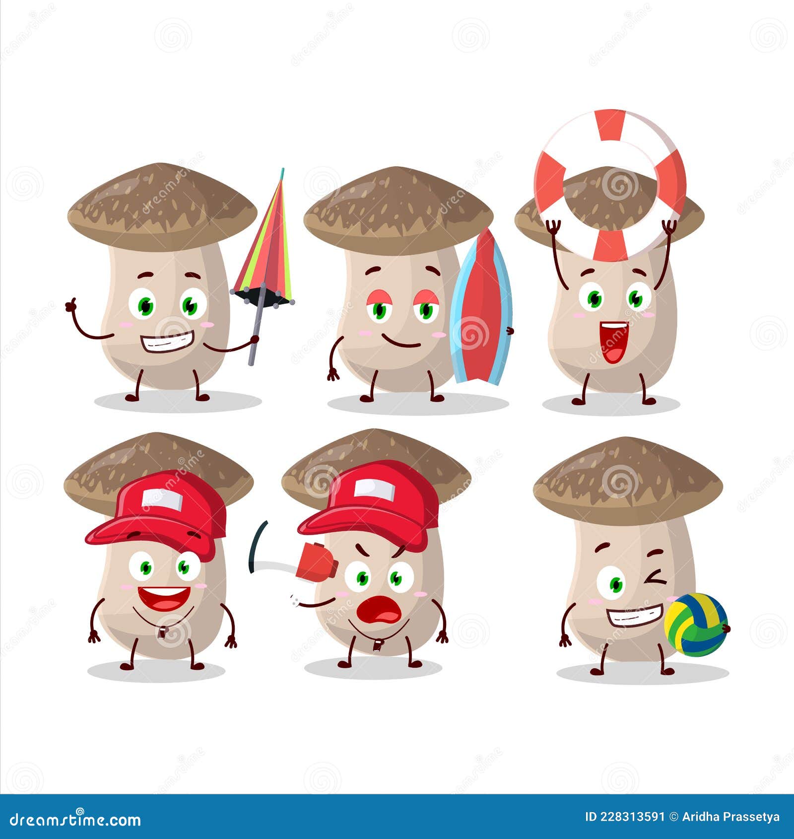 Happy Face Shiitake Cartoon Character Playing on a Beach Stock Vector ...
