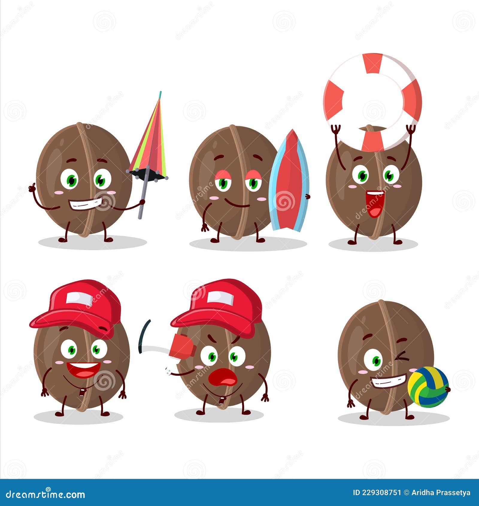 Happy Face Walnuts Cartoon Character Playing on a Beach Stock Vector ...