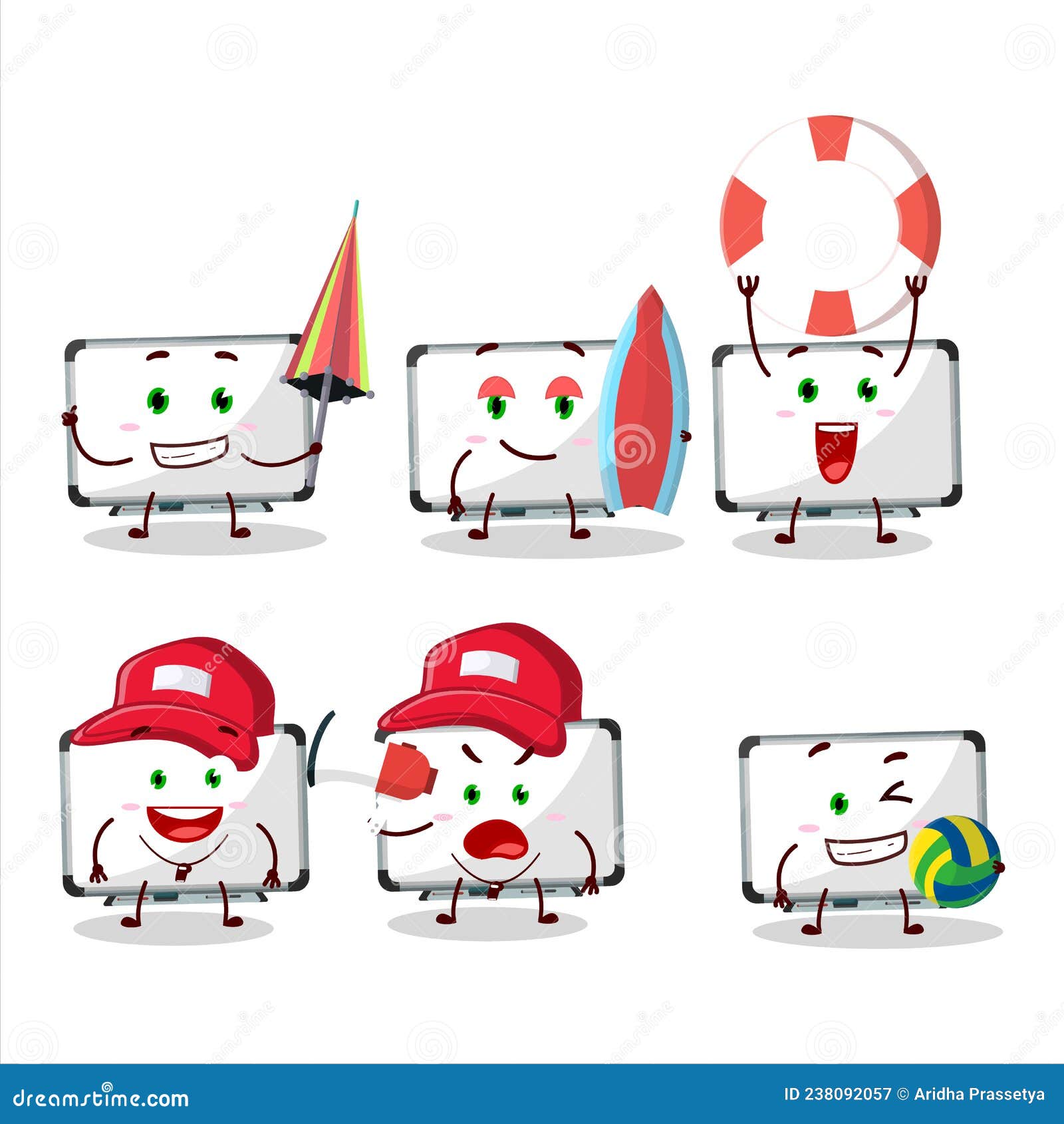 Happy Face White Board Cartoon Character Playing on a Beach Stock ...