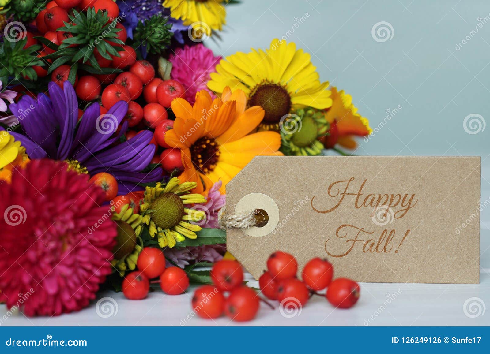 Happy Fall Text on Label and Flowers on the Table Stock Photo - Image ...