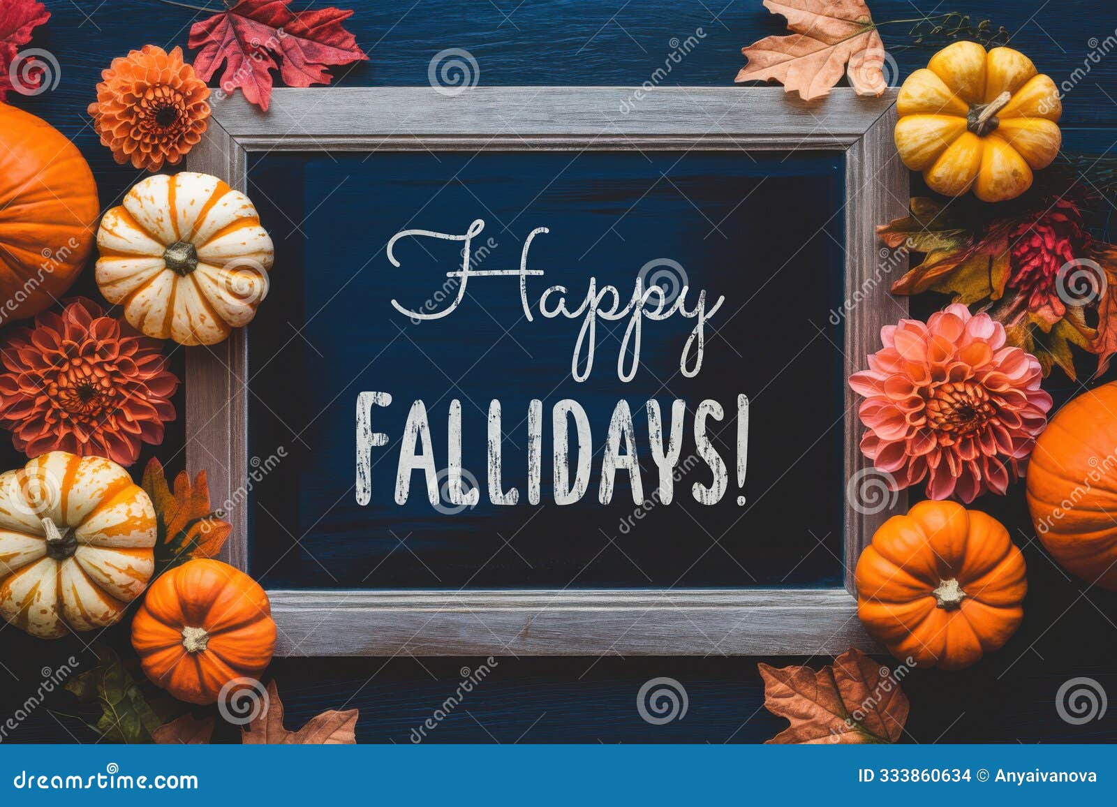 Happy Fallidays Sign Surrounded by Fall Decorations Including Pumpkins ...