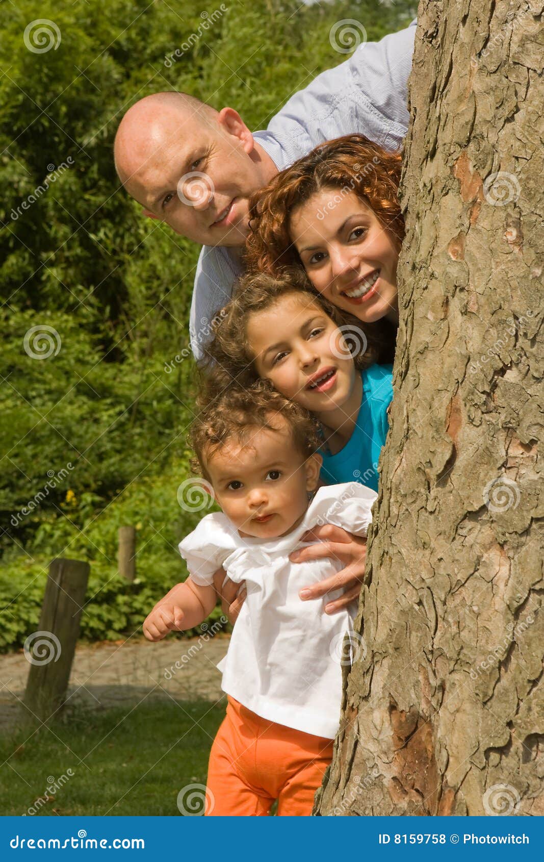 Happy family behind a tree stock photo. Image of daddy - 8159758