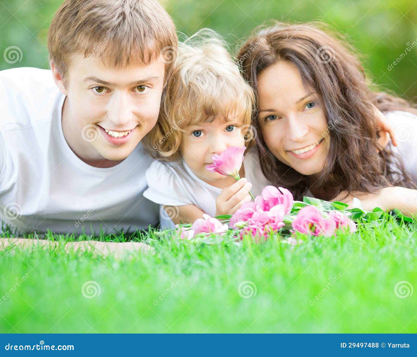 Happy Family with Bouquet of Spring Flowers Stock Photo - Image of ...