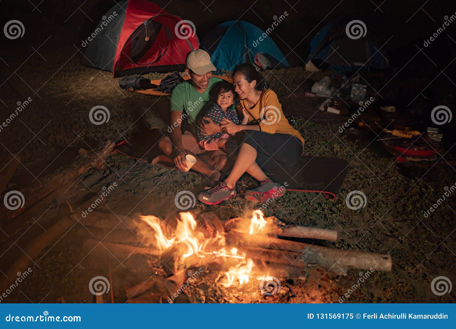 Happy Family at Camping with Campfire Stock Image - Image of prepare ...