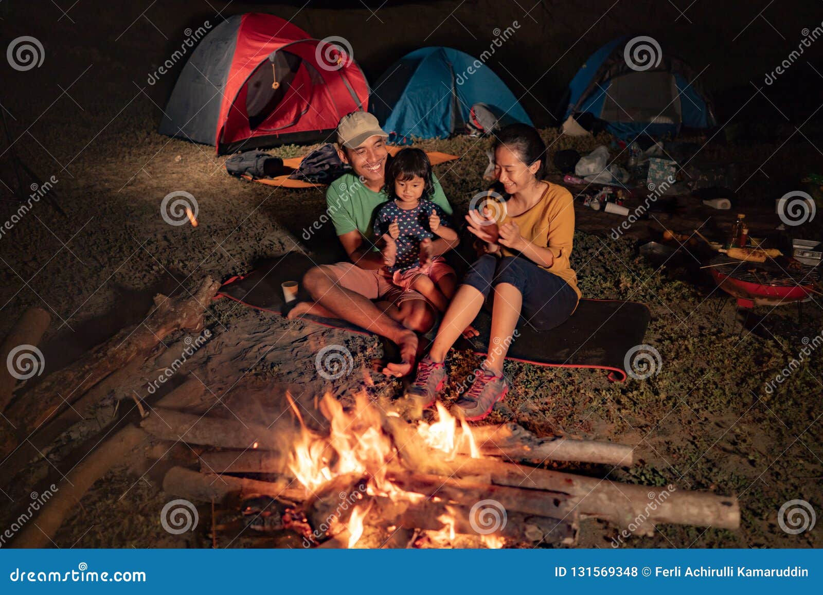 Happy Family at Camping with Campfire Stock Photo - Image of burning ...