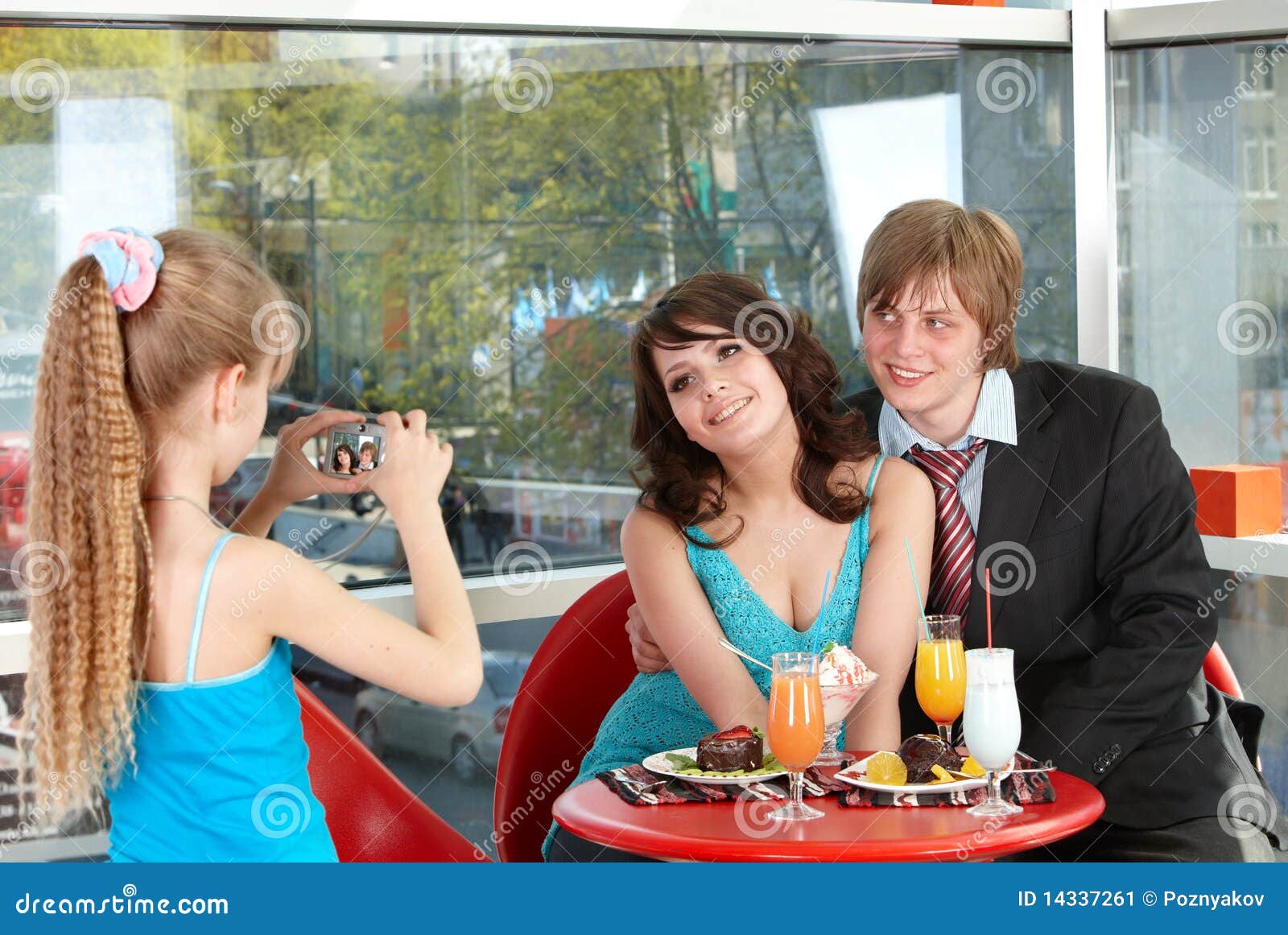Happy Family with Child in Cafe. Stock Image - Image of male, daughter ...