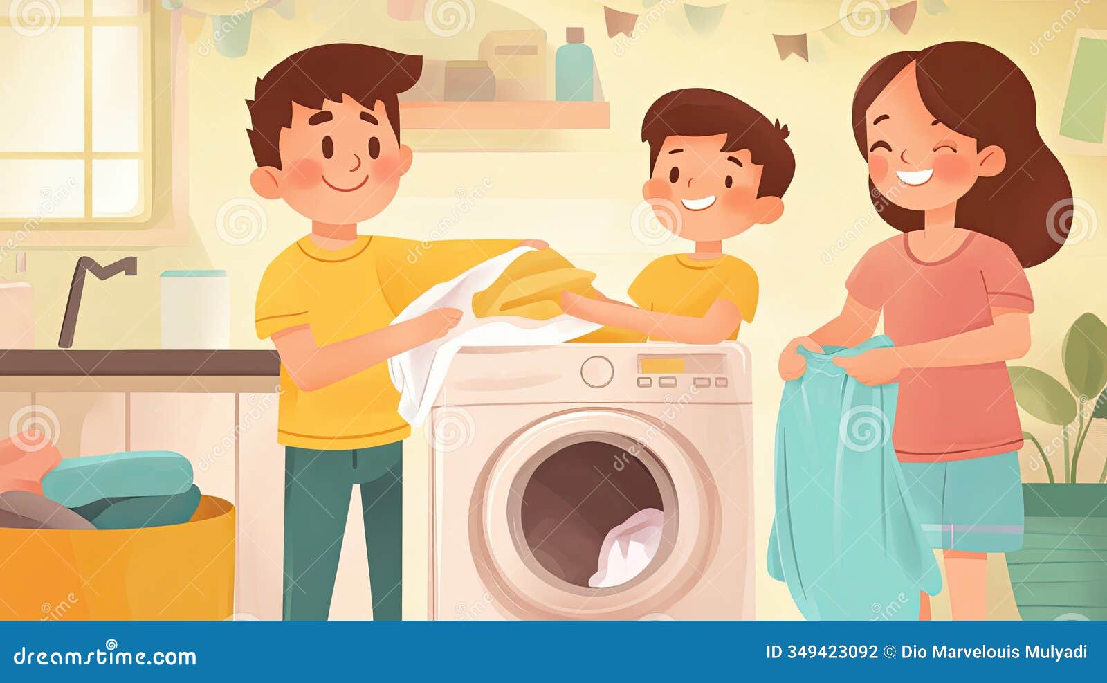 Happy Family Doing Laundry Together Stock Illustration - Illustration of home, lifestyle: 349423092