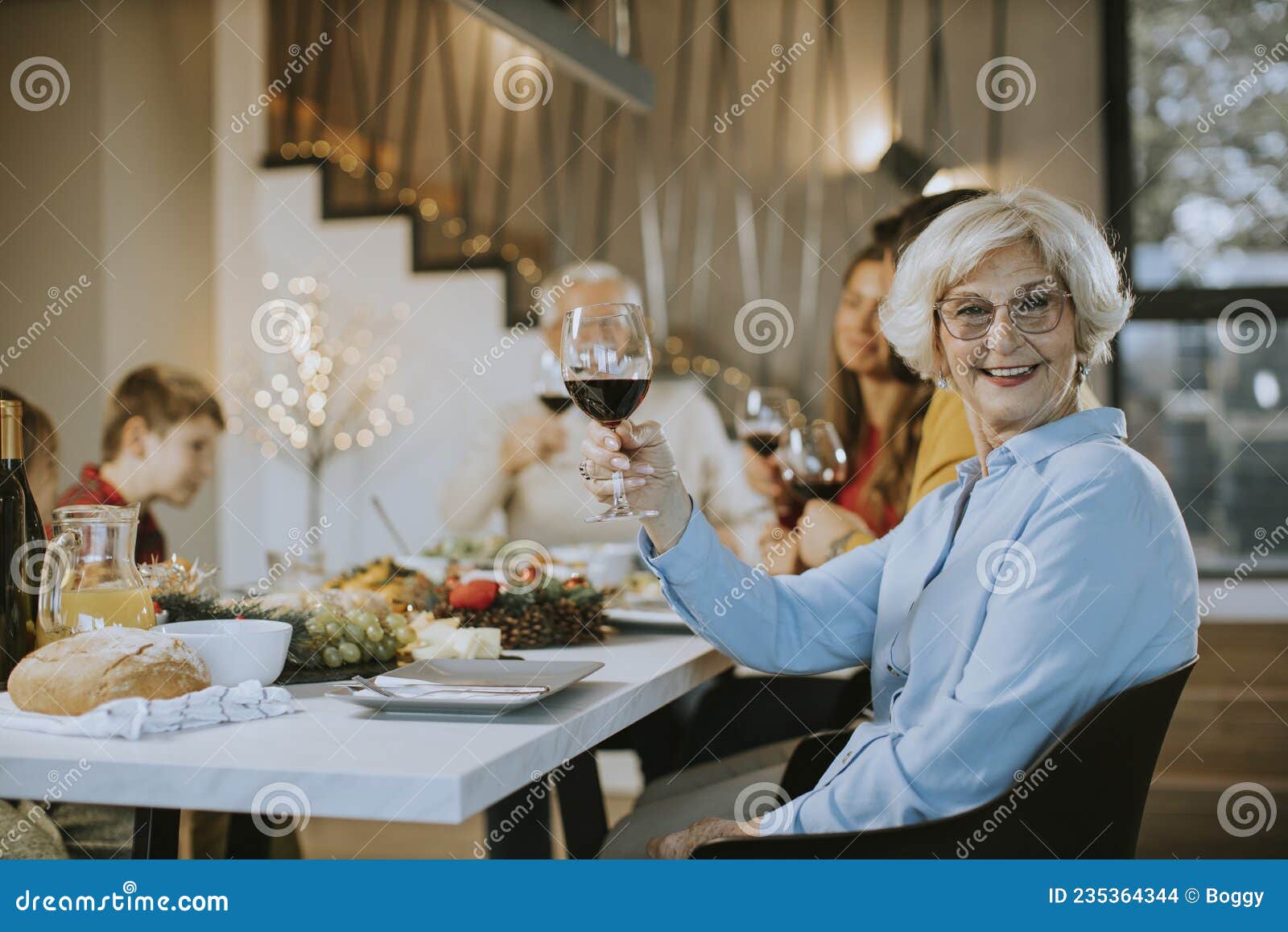 Happy Family Having a Dinner with Red Wine at Home Stock Photo - Image ...