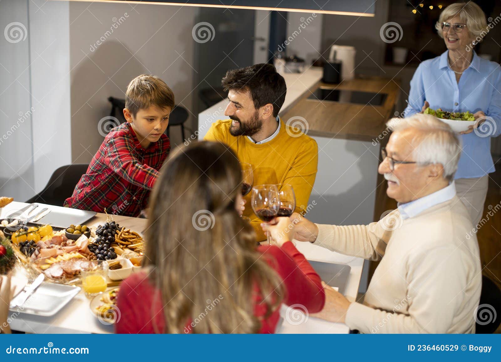 Happy Family Having Dinner with Red Wine at Home Stock Image - Image of ...