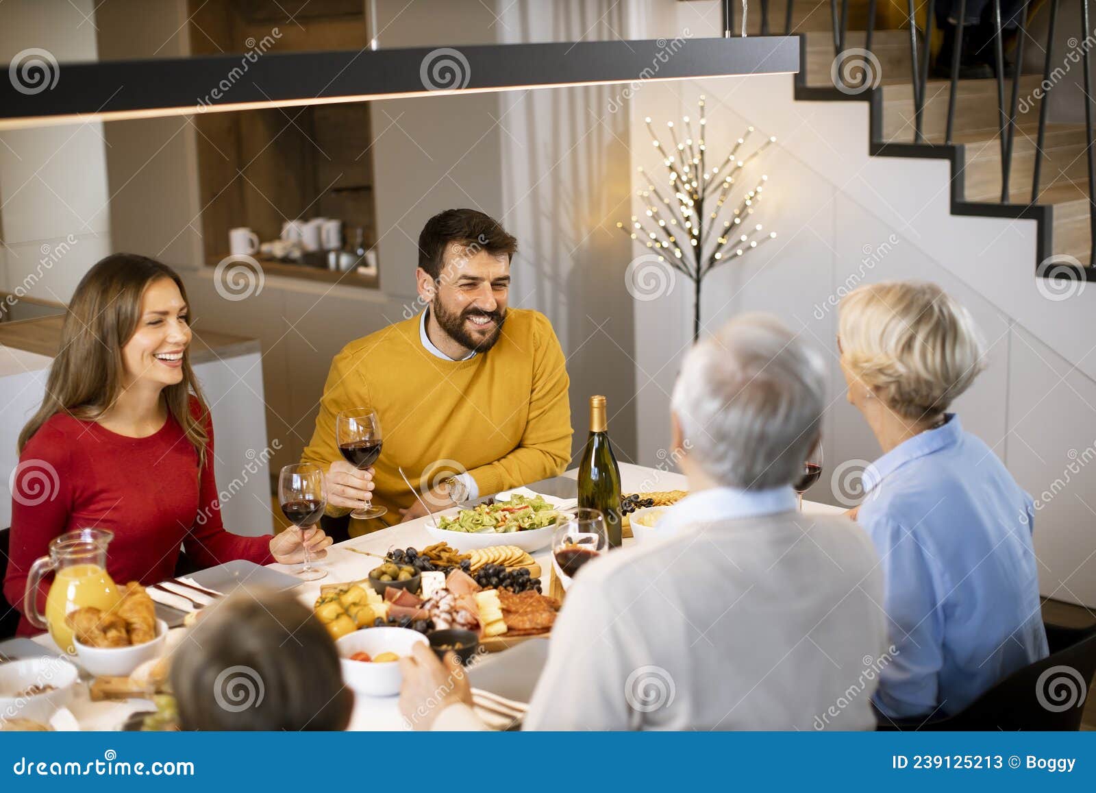 Happy Family Having Dinner with Red Wine at Home Stock Image - Image of ...