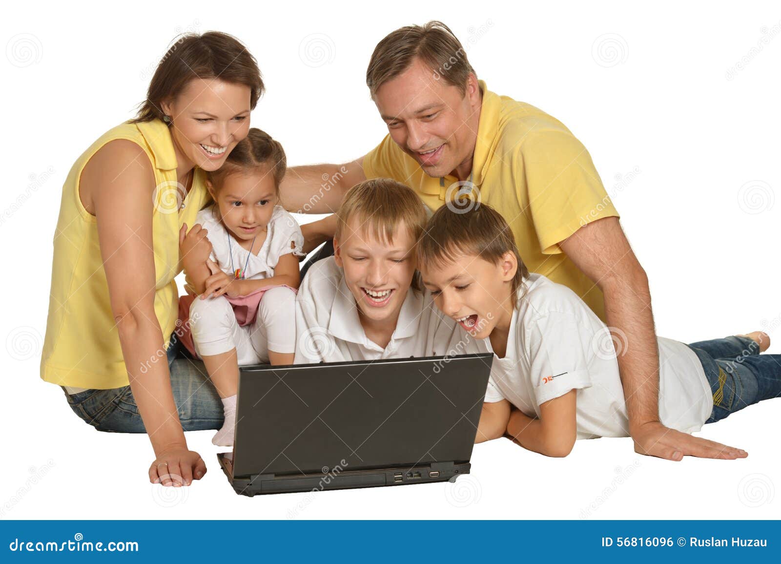 Happy family with laptop stock photo. Image of internet - 56816096