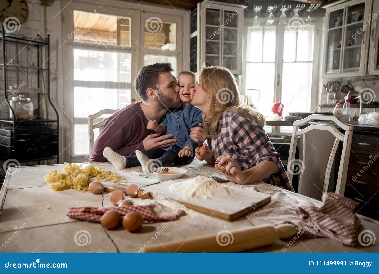 Happy Family Making Pasta in the Kitchen at Home Stock Image - Image of ...
