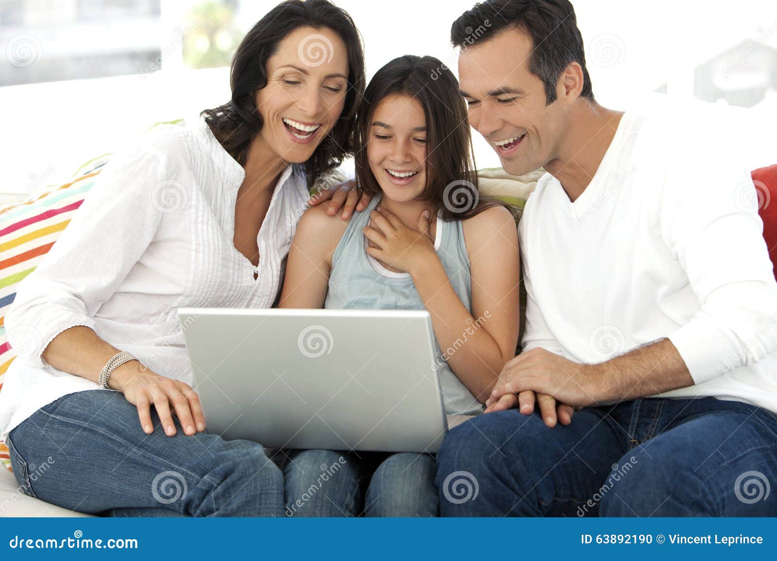 Happy Family with One Child Using Laptop Stock Photo - Image of ...