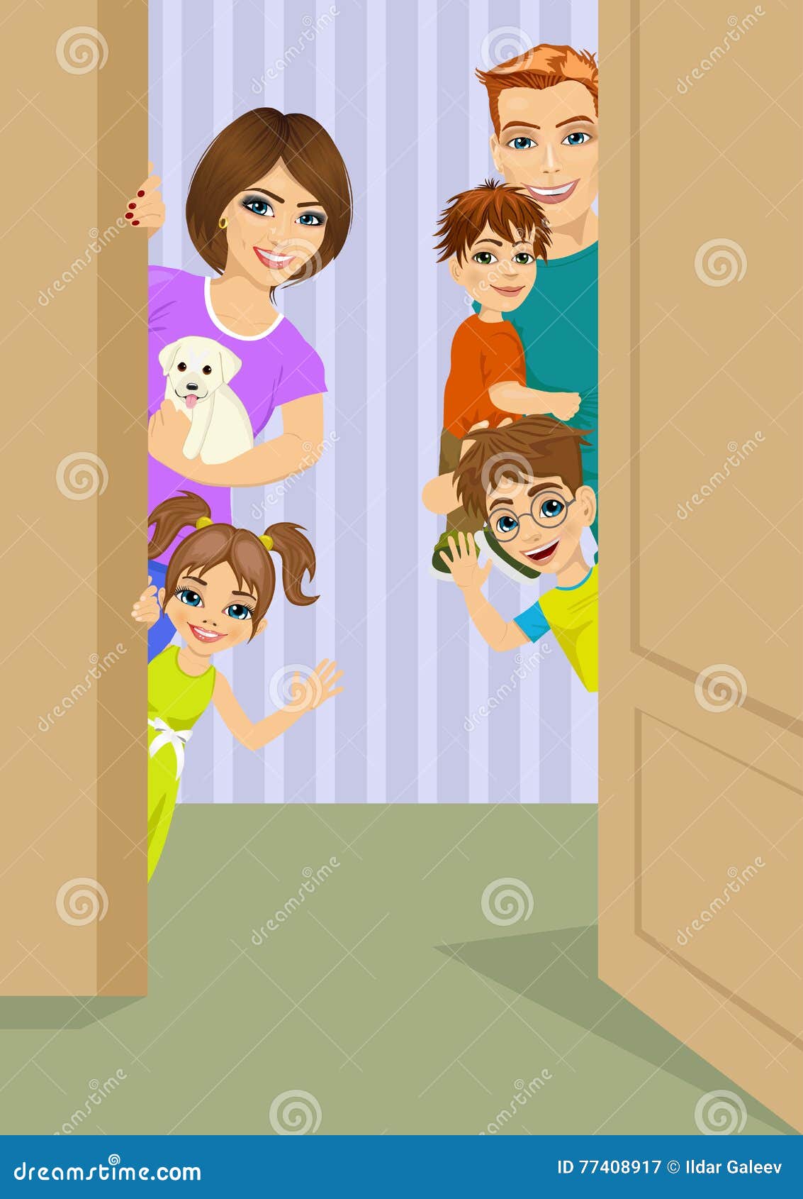 Happy Family Peeking Behind Door Stock Vector - Illustration of door ...