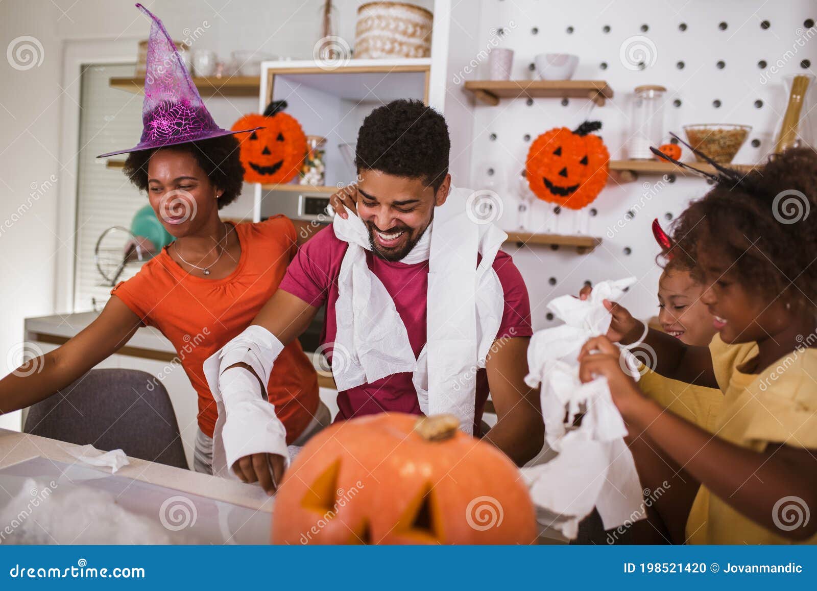 Family Preparing for Halloween, Having Fun Stock Photo - Image of ...