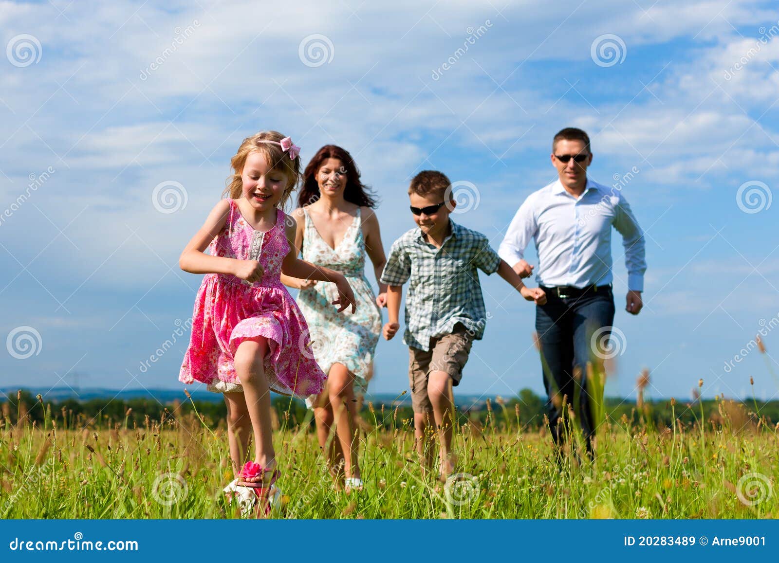 Happy Family Running on Meadow in Summer Stock Image - Image of active ...