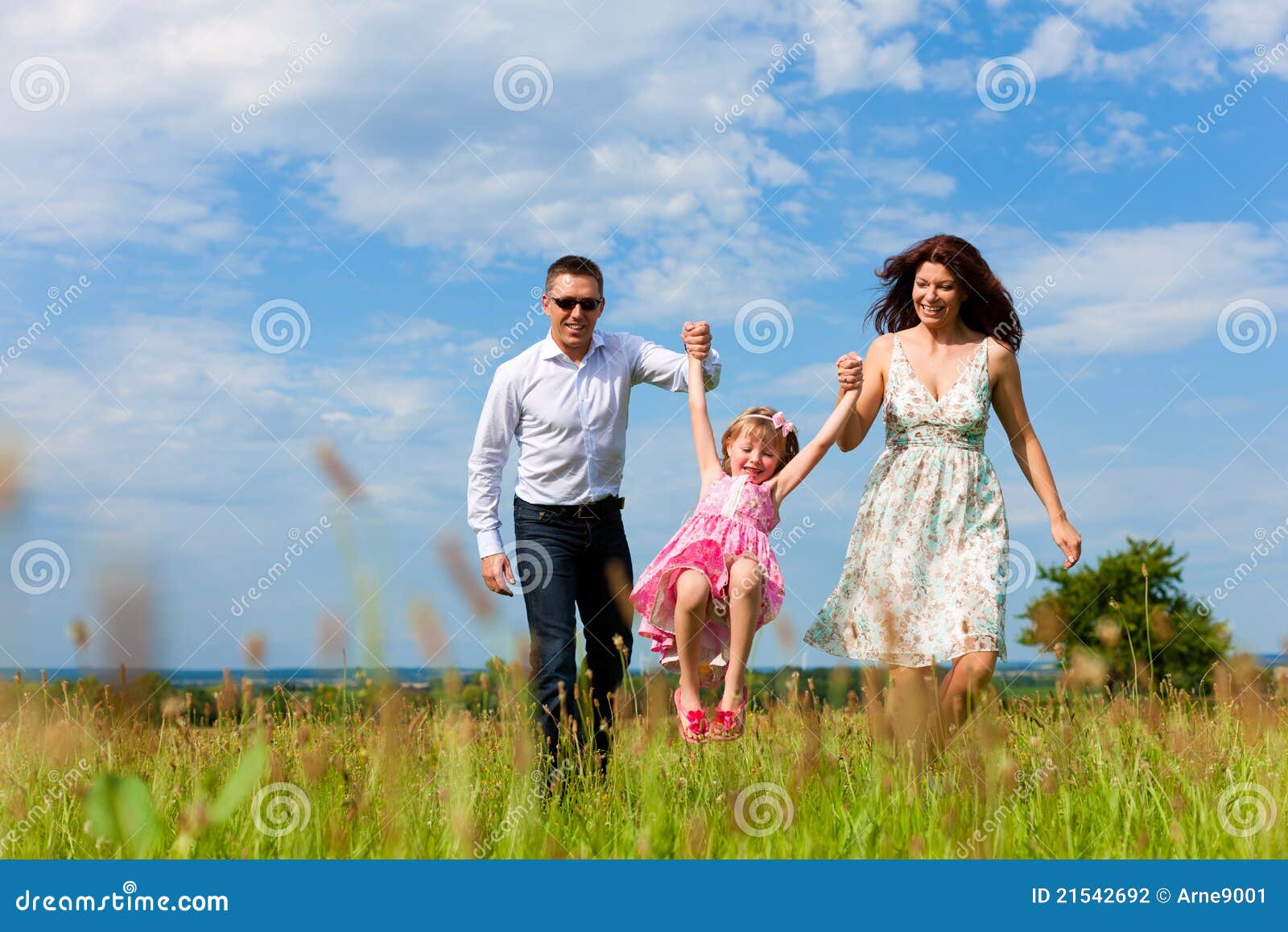 Happy Family Running on Meadow in Summer Stock Photo - Image of ...