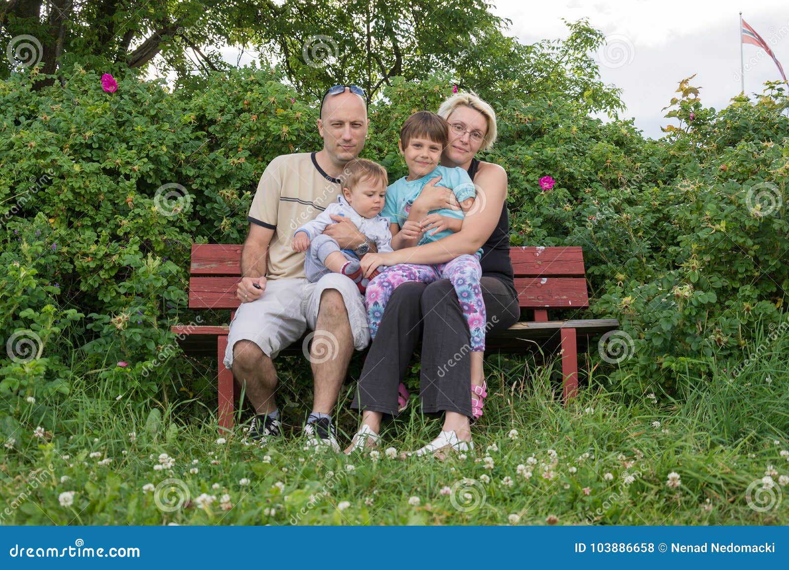A Happy Family is Sitting on the Bench and Posing Stock Photo - Image ...