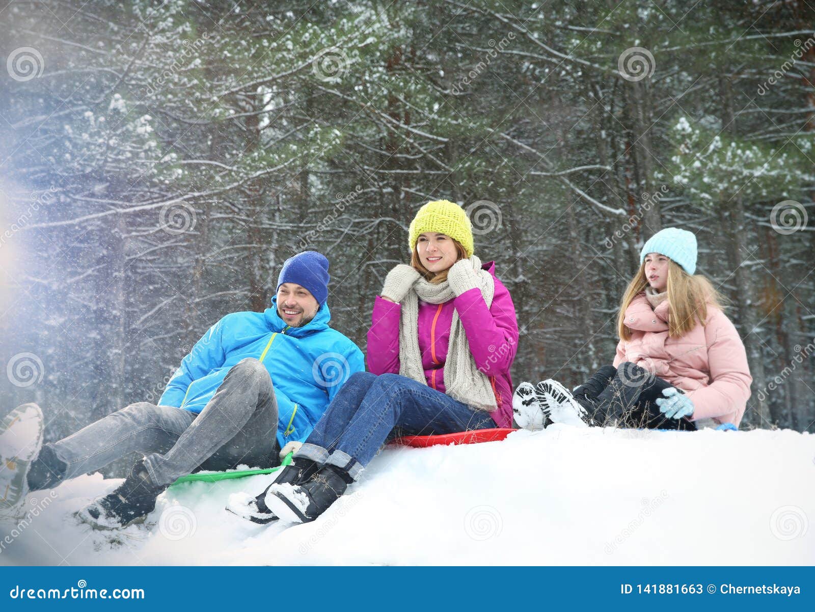 Happy Family Sledding in Forest Stock Image - Image of clothes ...