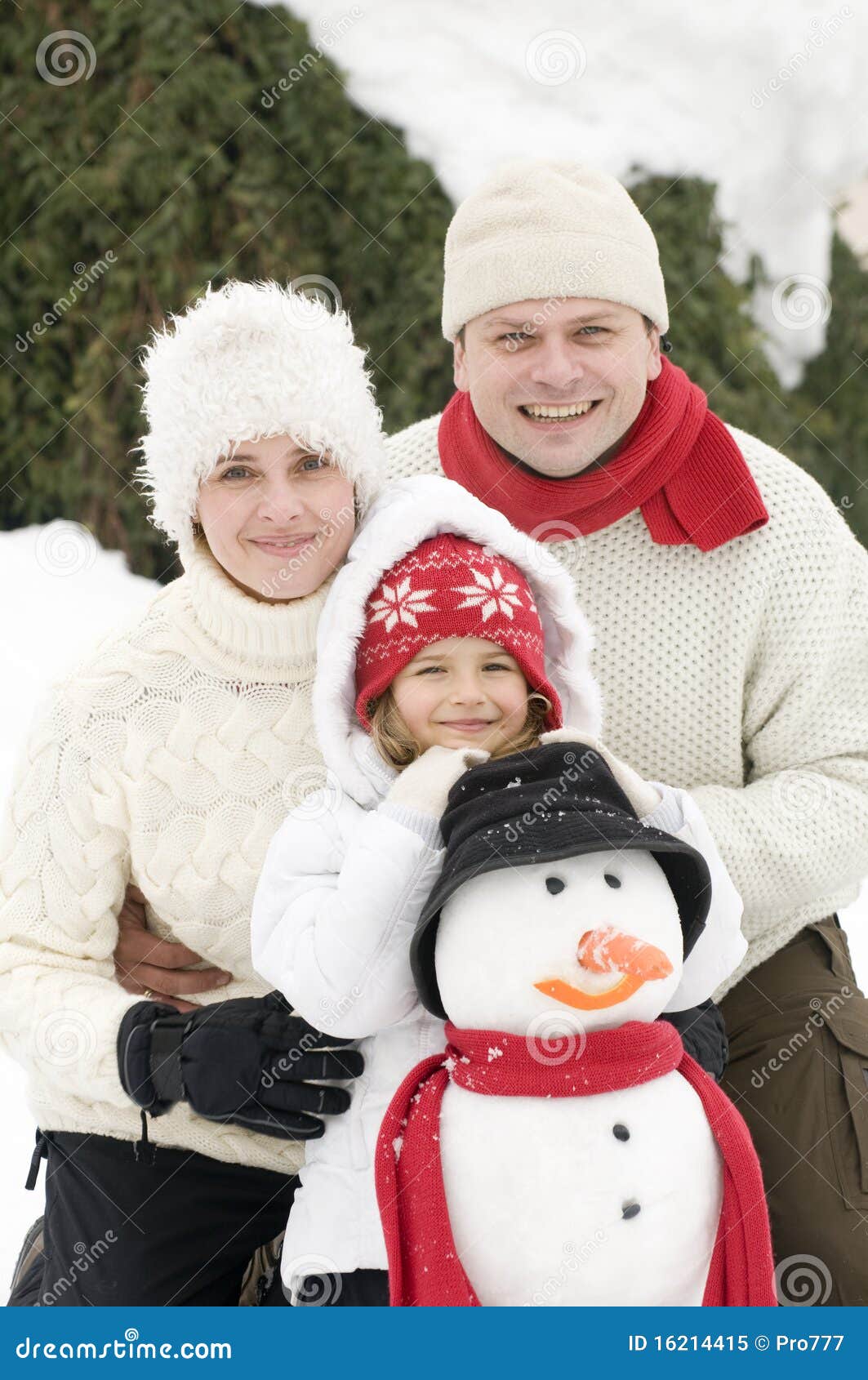 Happy family with snowman stock image. Image of freezing - 16214415