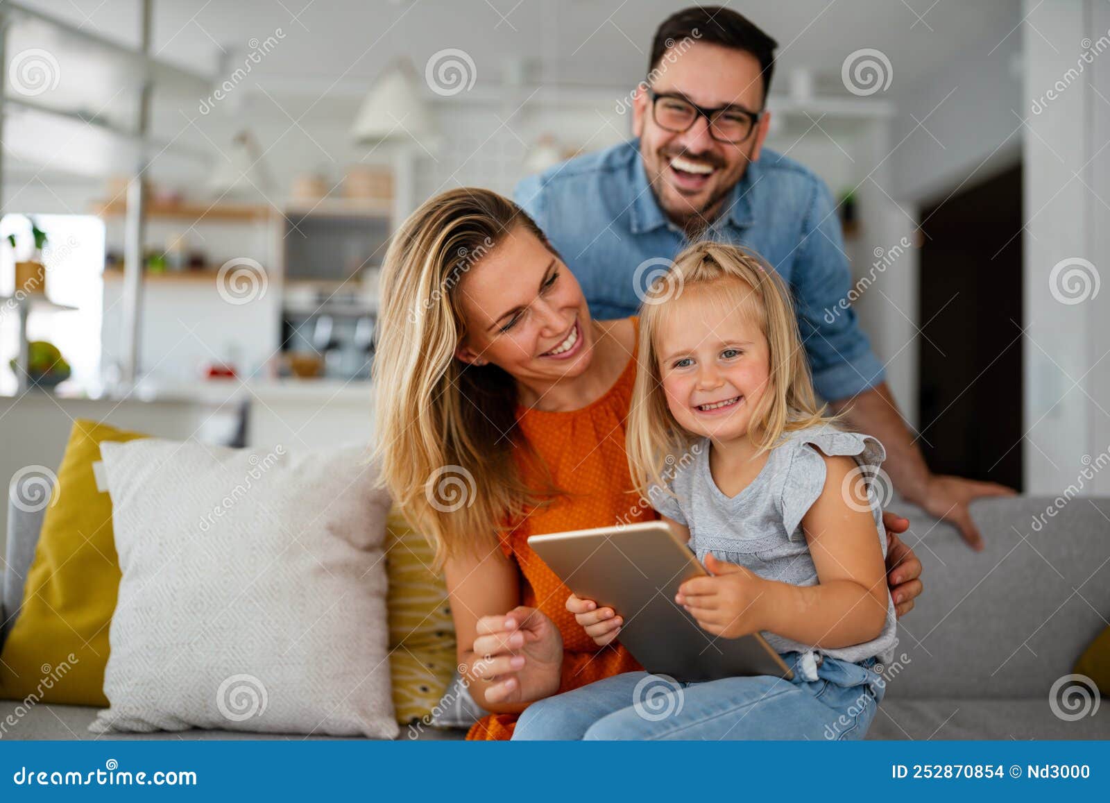 Happy Family Spending Time at Home with Digital Devices Together ...