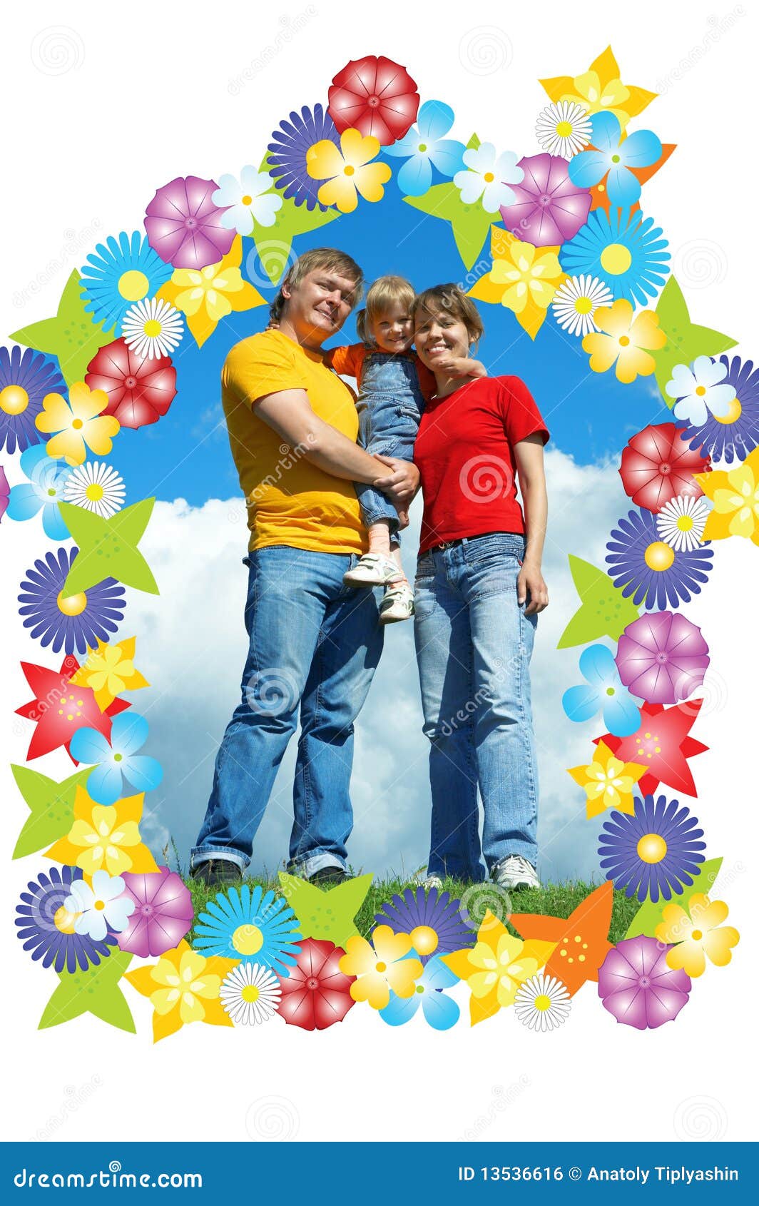 Happy Family Stand on Green Grass Under Sky Stock Photo - Image of ...