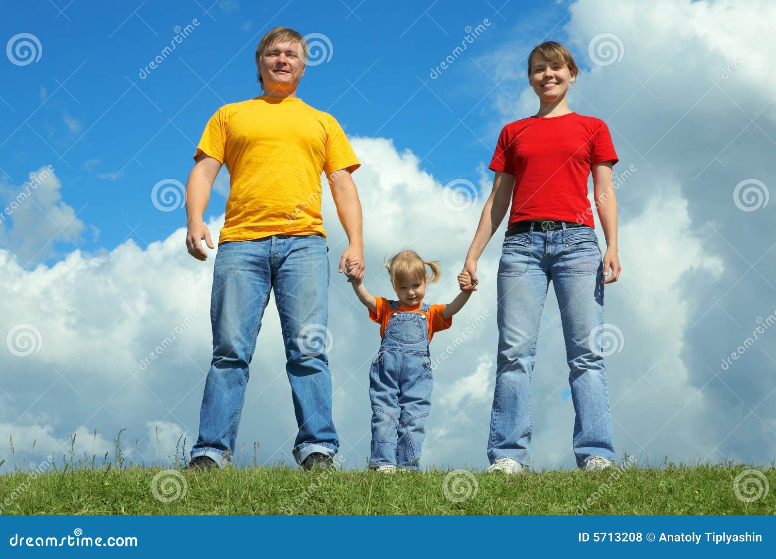 Happy Family Stand On Green Grass Under Sky Picture. Image: 5713208