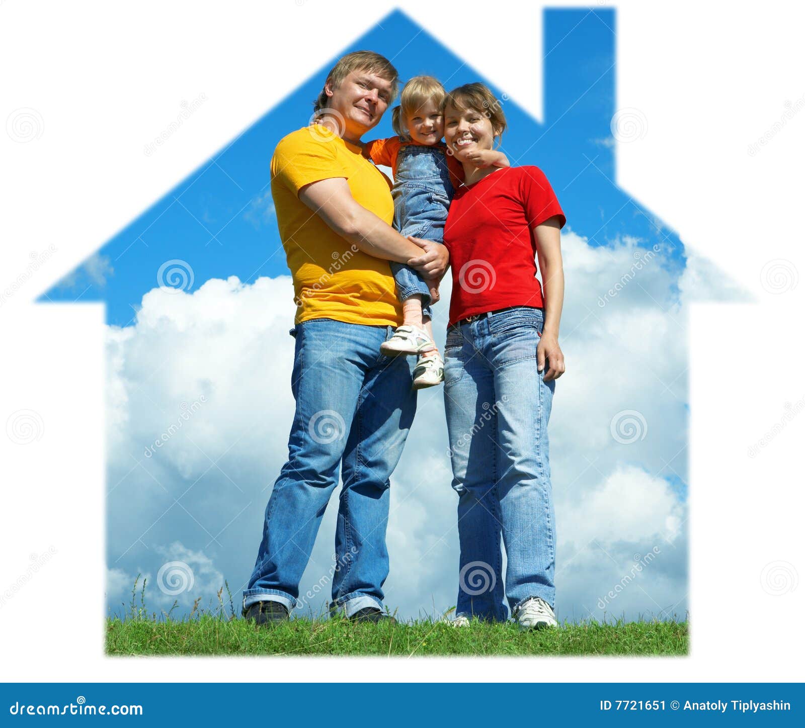 Happy Family Stand on Green Grass Under Sky Stock Image - Image of blue ...