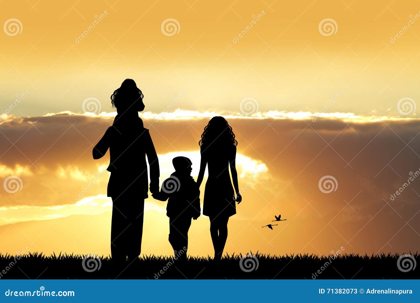 Happy family at sunset stock illustration. Illustration of cute - 71382073