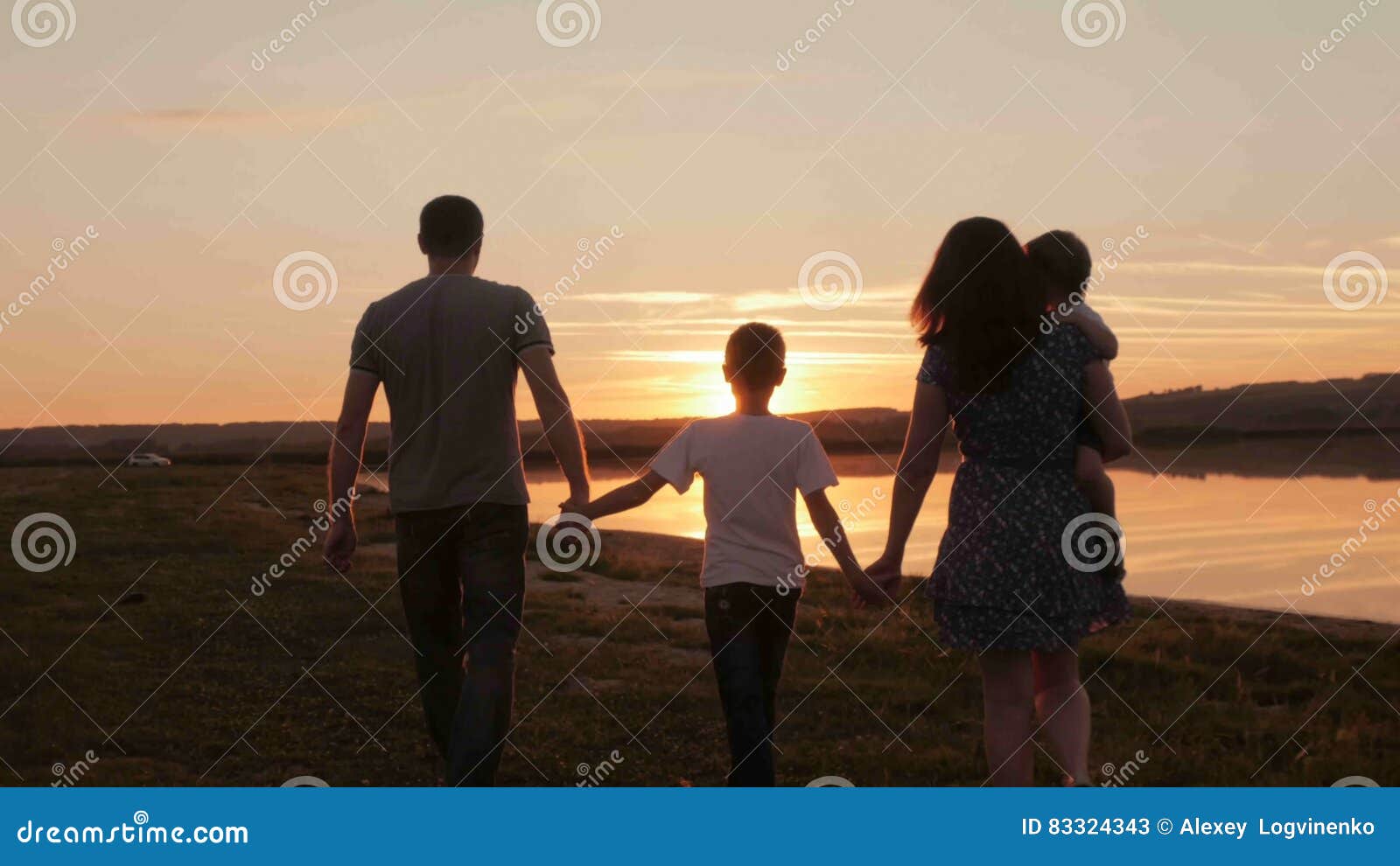 Happy Family on Sunset Silhouette Stock Image - Image of couple ...