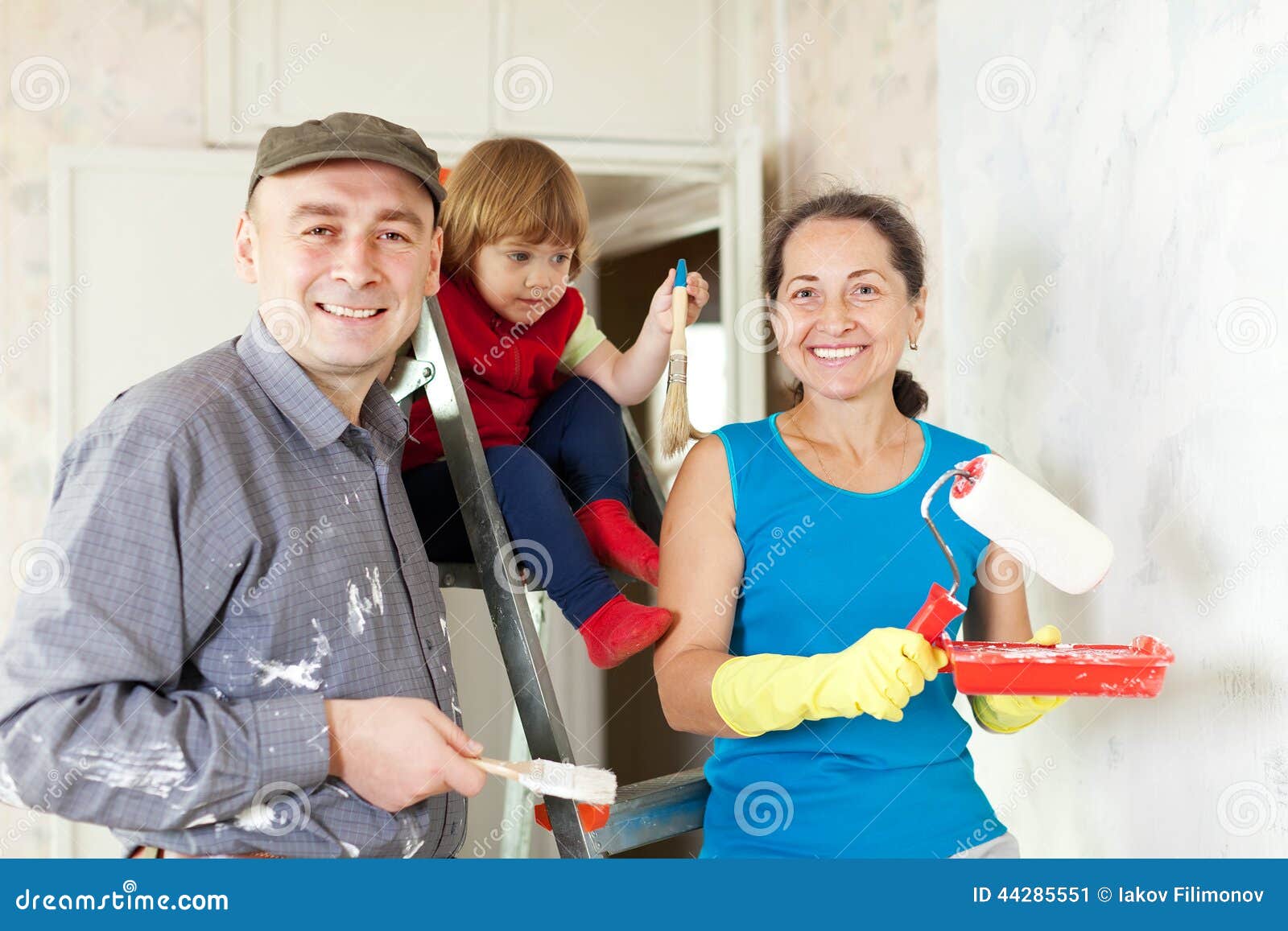 Happy Family of Three Makes Repairs Stock Image - Image of activity ...