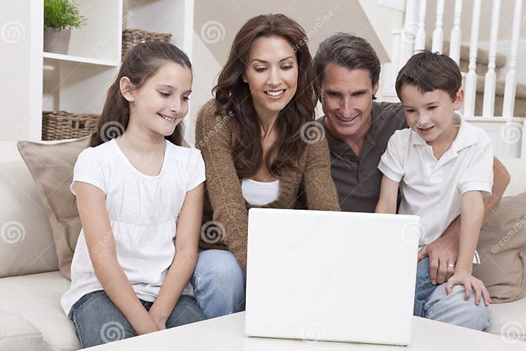 Happy Family Using Laptop Computer on Sofa at Home Stock Image - Image ...