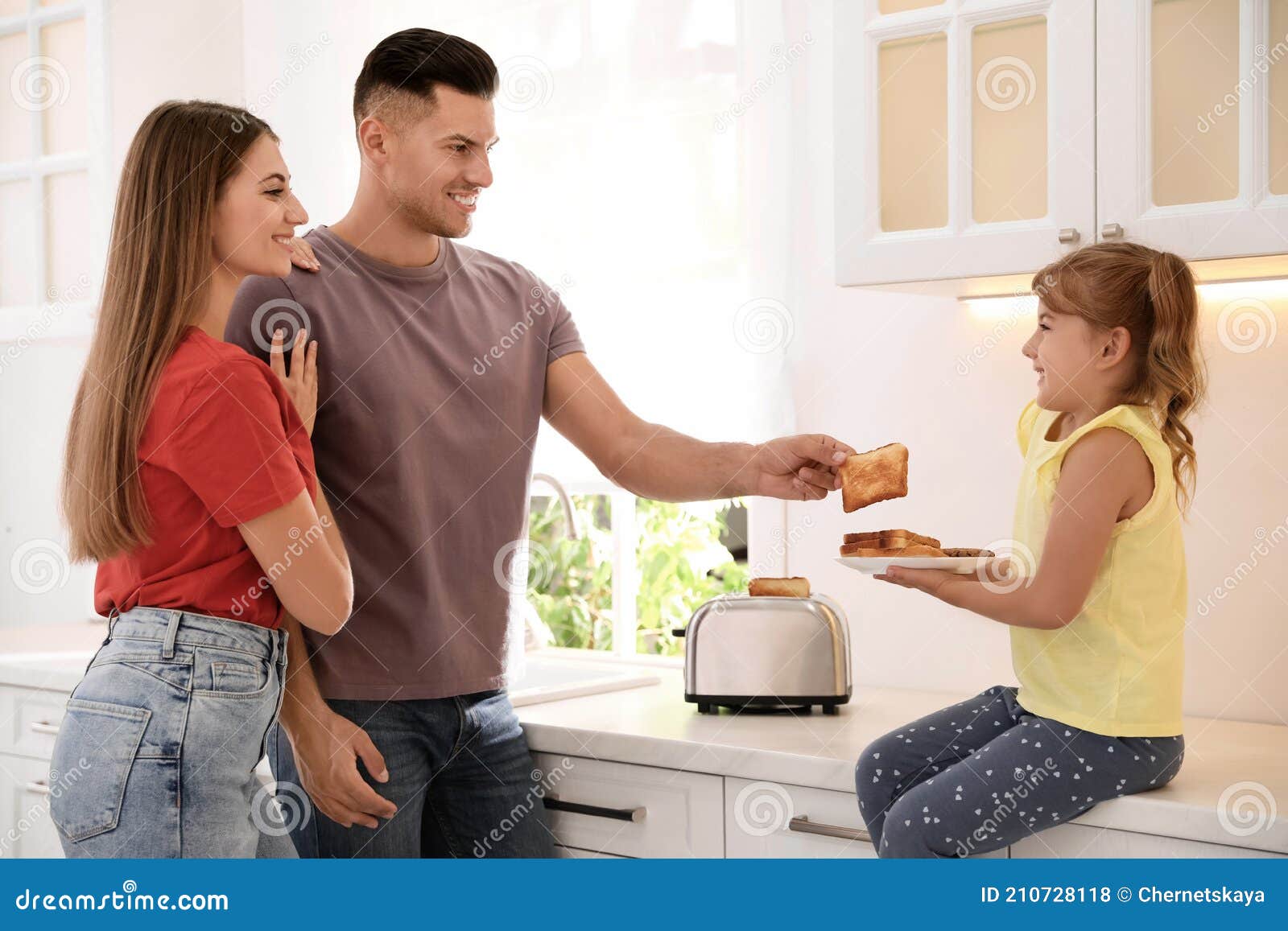 Happy Family Using Modern Toaster in Kitchen Stock Photo - Image of ...