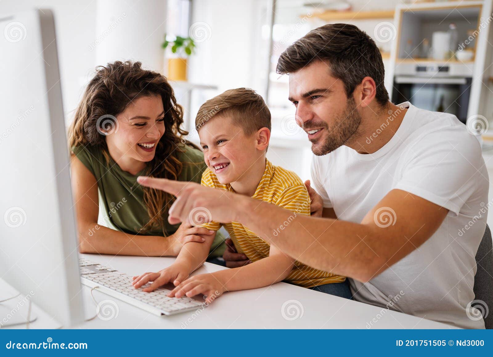 Happy Family Using Technology Devices Together at Home. Stock Image ...